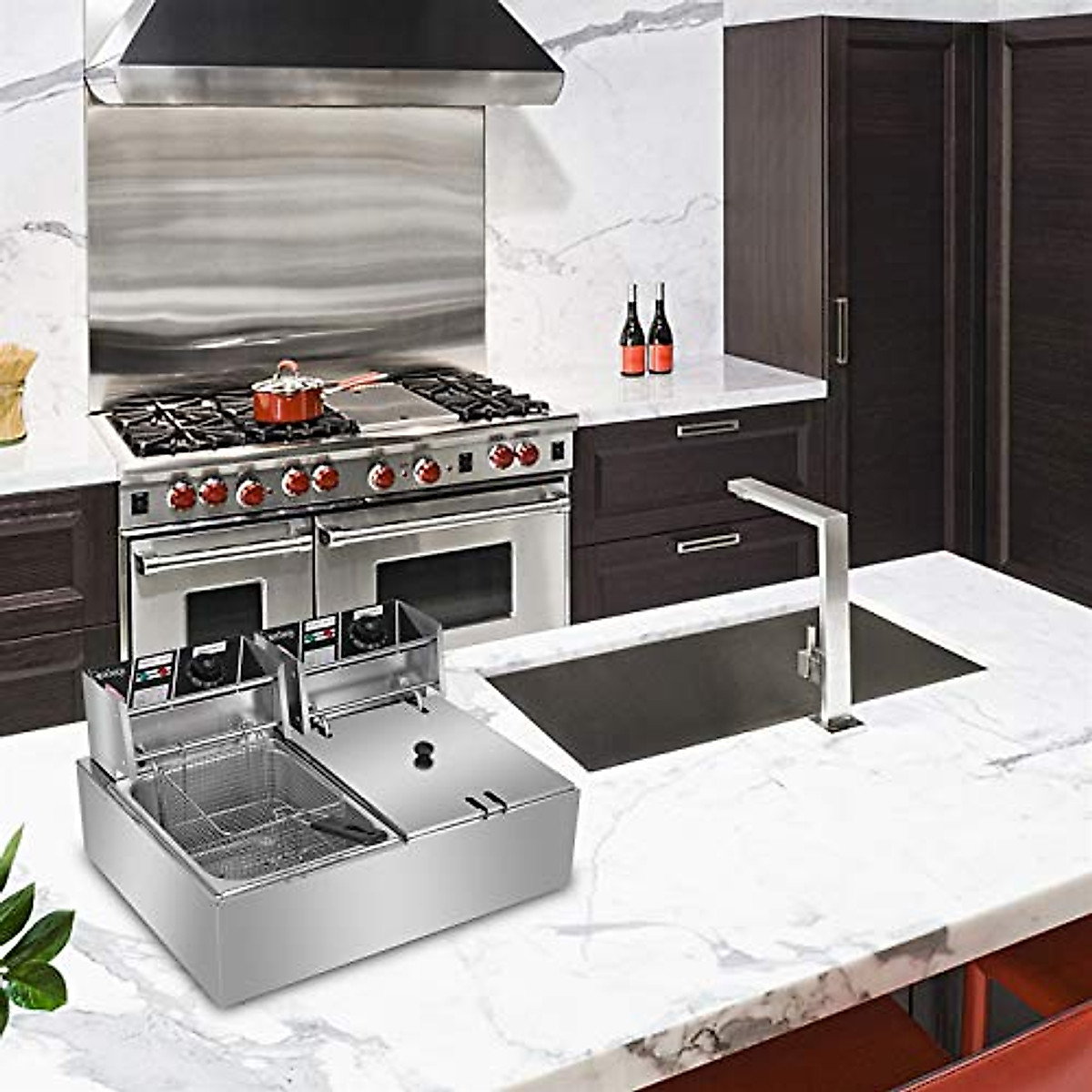 Electric Deep Fryer 23.6L 5000W Stainless Steel Dual Large Tank Basket Lid Countertop Commercial Restaurant