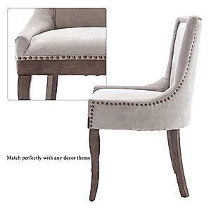 Aoowow Fabric Vintage Upholstered Side Chairs Set of 4, Farmhouse Solid Wood Kitchen Dining Room Chairs with Nailheads Legs (Fabric Beige)