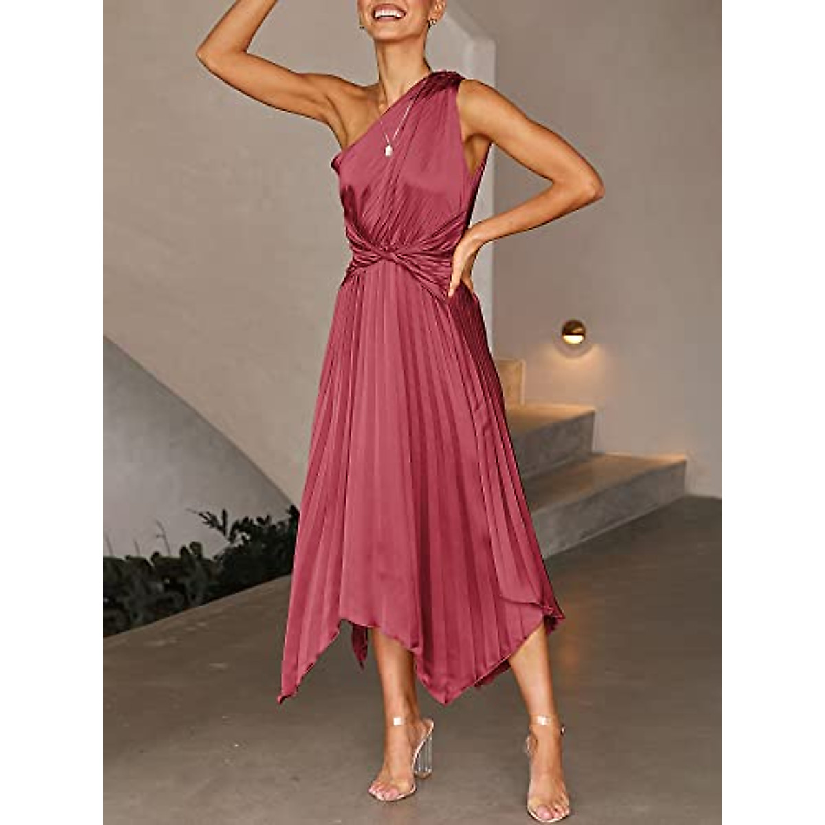 ANRABESS Women's Summer One Shoulder Elegant Cocktail Party Midi Dress Sleeveless Pleated Asymmetric Satin Evening Night Dress Wedding Guest Graduation Prom Dresses 751zaohong-S Maroon