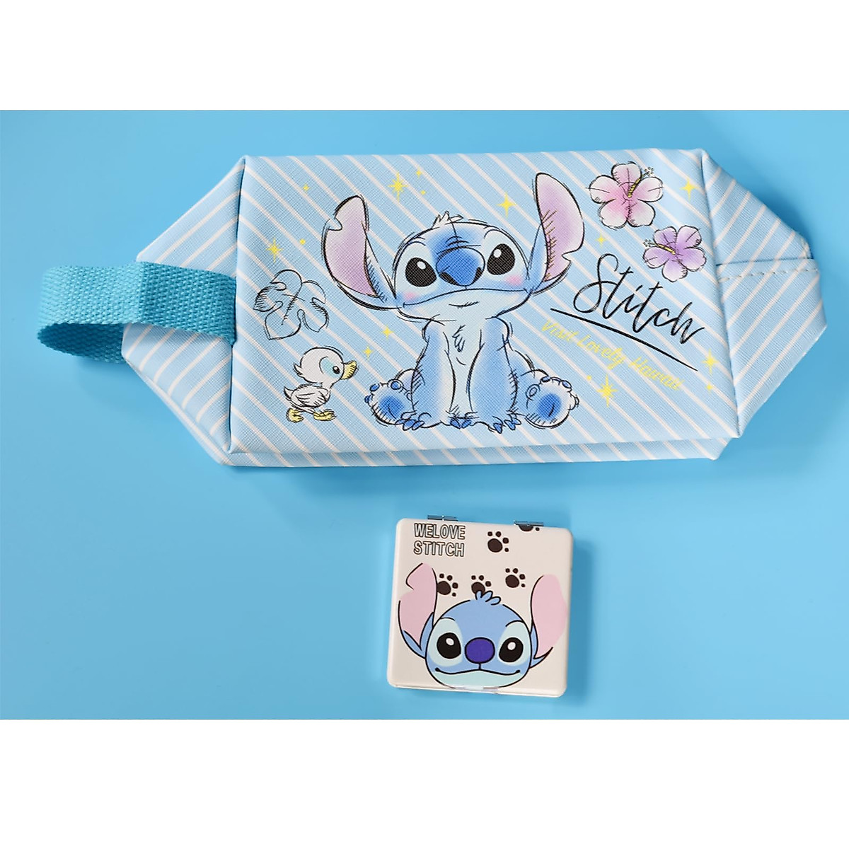 ENENSET Stitch Travel Cosmetic Bag, Large Capacity Cartoon Cosmetic Pouch Makeup Bag with Zipper, PU Travel Toiletry Bag Makeup Accessories Organizer