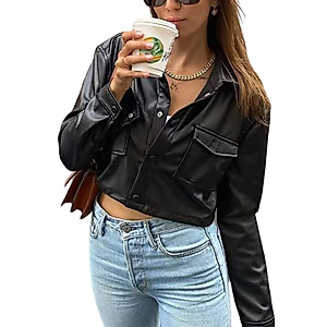 GXFGZZRS Womens Faux Leather Jacket Casual Cropped Motorcycle Coat Snap Front PU Moto Biker Outwear