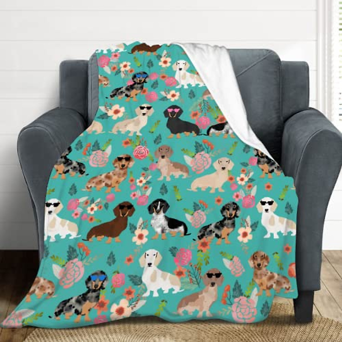 Dachshund Dog Flowers Florals Blanket Soft Fleece Throw Blanket Cozy Fuzzy Warm Flannel Blankets for Women Men for Couch Bed Sofa All Season Gift