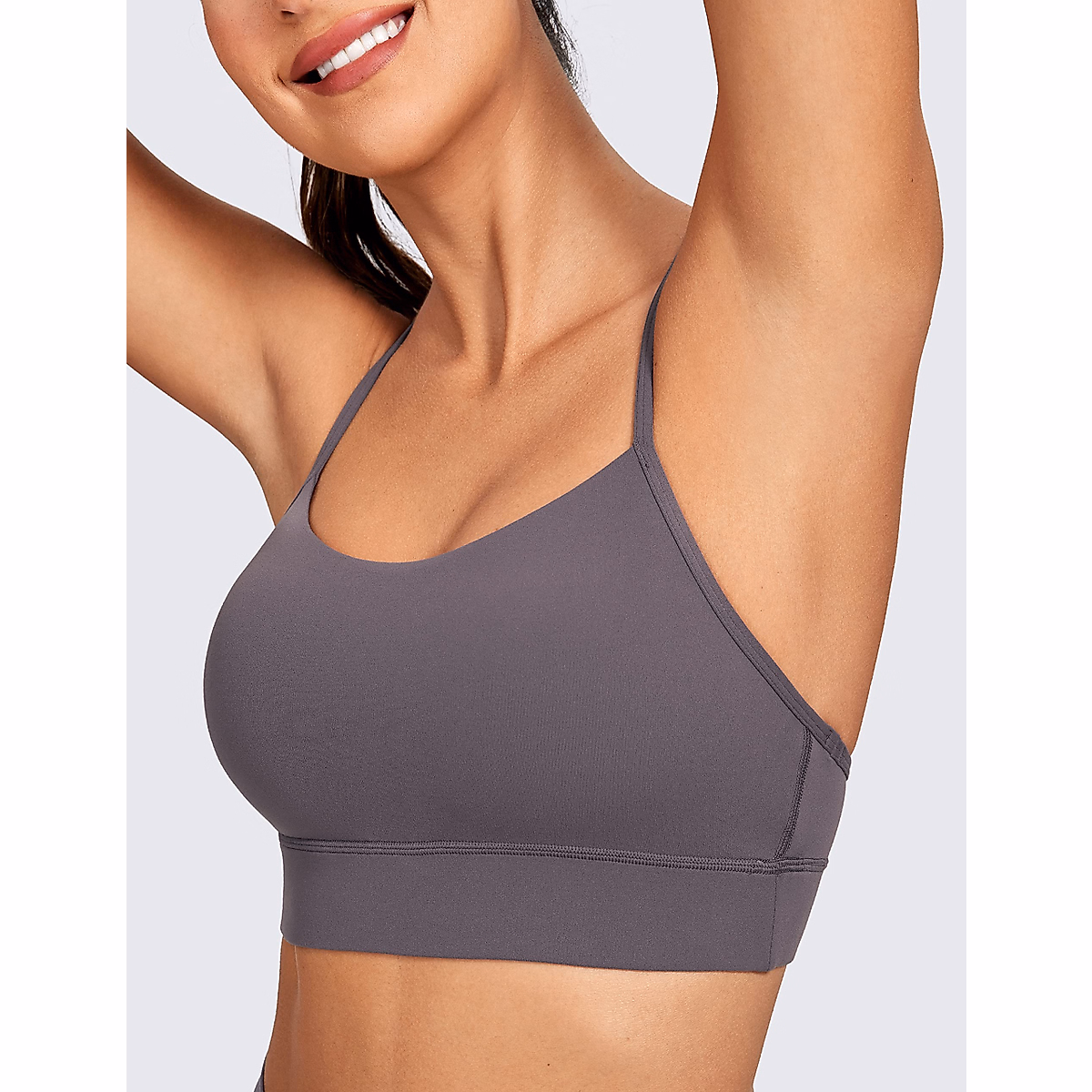 CRZ YOGA Butterluxe Womens Y-Back Racerback Sports Bra - Spaghetti Straps Wireless Scoop Neck Athletic Padded Yoga Bra Tornado Grey Small