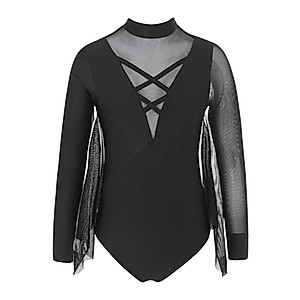JanJean Kids Girls One Piece Gymnastic Ballet Dance Leotard Long Sleeve Mesh Wings Cape Leotard Athletic Gym Yoga Bodysuit Black 16 Years