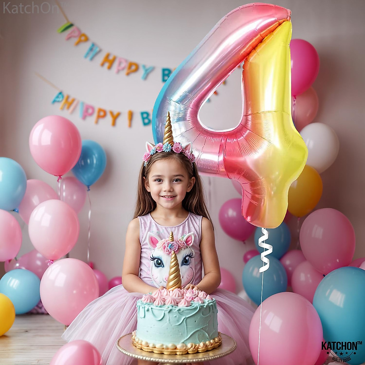 KatchOn, Giant, Rainbow 4 Balloon Number - 40 Inch | Number 4 Balloon, Unicorn 4 Birthday Decorations | Number Four Balloon, Unicorn Rainbow 4th Birthday Decorations | Mermaid Birthday Decorations