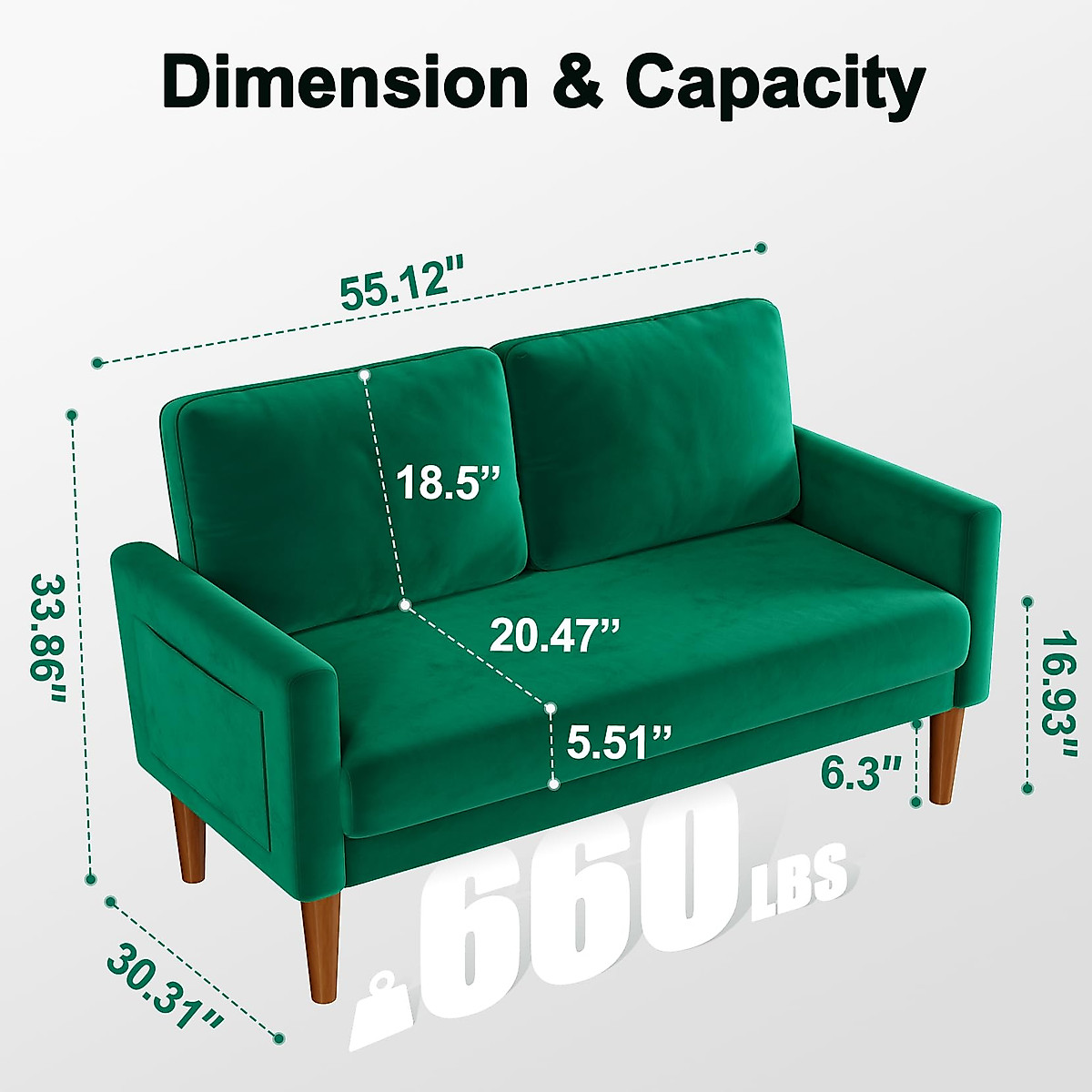 Loveseat Sofa, 55" Small Sofa Couch Mid Century Modern Velvet Couch for Small Spaces, Bedroom and Living Room, Removable Sofa Cover Spring Cushions and Solid Wood Frame, Easy to Install, Green