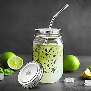 26 PCS Regular Mouth Mason Jar Lids with Straw Hole - 70MM Canning Lids Drinking Jar Lids Tinplate Jar Lids Silver Canning Jar Caps with Silicone Ring/Straws/Cleaning Brush for Drinking Food Storage