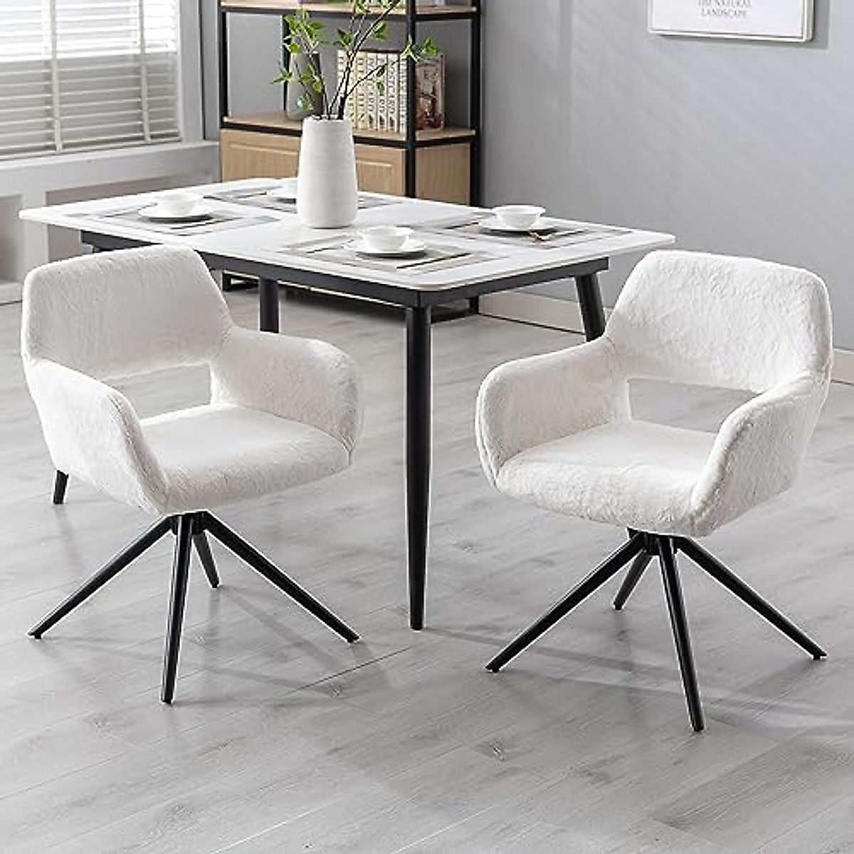 ABET Fluffy Desk Chairs Set of 2, Modern Swivel Accent Home Office Chair No Wheels, Hollow Back & Metal Legs, Faux Fur Vanity Chair for Teen Girls Women Side Armchair for Bedroom Living Room White