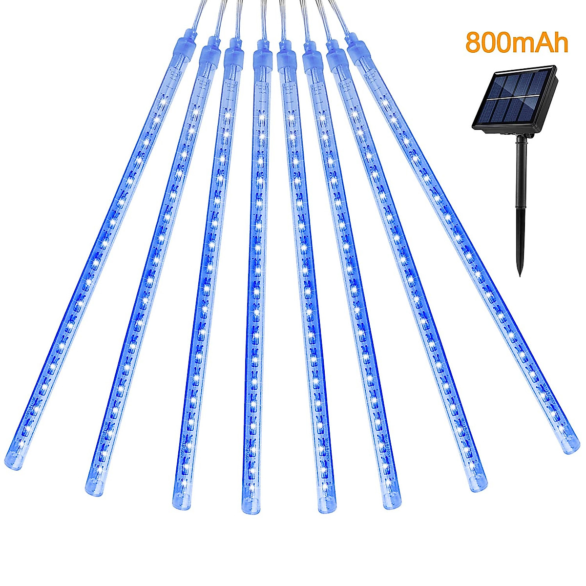 Christmas Decorations, Outdoor Solar Christmas Lights, 12 inch 8 Tube 144 LED IP65 Waterproof Falling Meteor Shower Rain Lights for Holiday Xmas Wedding Party Garden Home Patio Yard Tree Decor (Blue)