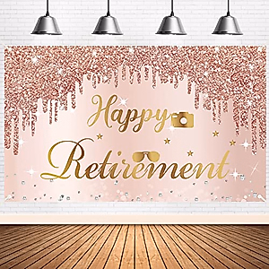 Happy Retirement Party Banner Backdrop Decorations for Women, Pink Rose Gold Retirement Theme Party Supplies, Extra Large Retired Party Photo Booth Poster Background Sign Decor