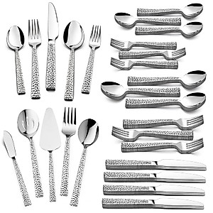 HaWare 65-Piece Hammered Flatware Serving Set, Stainless Steel Silverware Cutlery Set for Home/Hotel/Restaurant, Service for 12, Elegant & Classic Design, Dishwasher Safe-Square Edge