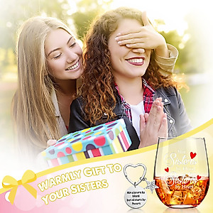 Set of 8 Sister Friends Gifts Not Sisters by Blood But Sisters by Heart 15 oz Funny Stemless Wine Glasses Friendship Keychain Birthday Christmas Gift for Sisters in Law Friends Women Girls Female