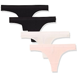 Amazon Essentials Women's Ribbed Cotton Thong Underwear, Pack of 4, Black/Bright White/Pale Pink, X-Small