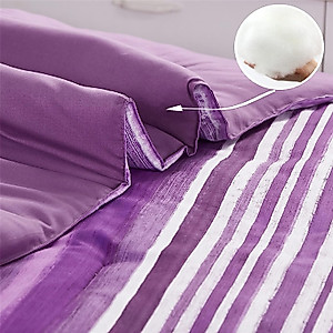KAKIJUMN 5 Piece Bed in a Bag Stripe Comforter Set Twin Size, White and Purple Patchwork Striped Comforter and Sheet Set, All Season Soft Microfiber Complete Bedding Sets(Purple,Twin)