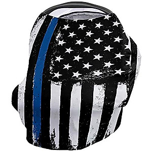 Car Seat Canopy Nursy Cover Thin Blue Line Police, Multi Use Breastfeeding Scarf for Infant Carseat Canopy Stroller Shopping Cart Highchair Honor Law Enforcement USA Vintage