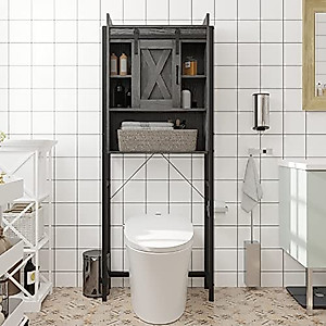 SOSPIRO Farmhouse Over The Toilet Storage with Sliding Barn Door, Freestanding Bathroom Organizer Over Toilet Storage Cabinet with Adjustable Shelf, Metal Frame Space Saver Toilet Stands, Grey