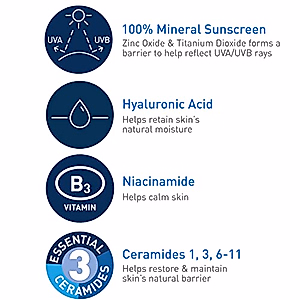 CeraVe 100% Mineral Sunscreen SPF 30 | Face Sunscreen with Zinc Oxide & Titanium Dioxide for Sensitive Skin | With Hyaluronic Acid, Niacinamide, and Ceramides | 2.5 oz