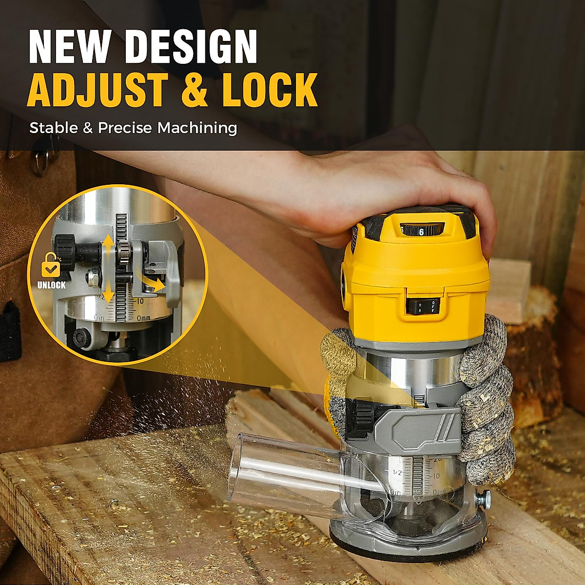 Alloyman Router Tool, 8.5Amp Wood Router, Max 30000 RPM Handheld Palm Router, 6 Variable Speed, 12Pcs Wood Compact Router Bits, 950W Wood Trim Routers Kit for Woodworking Trimming