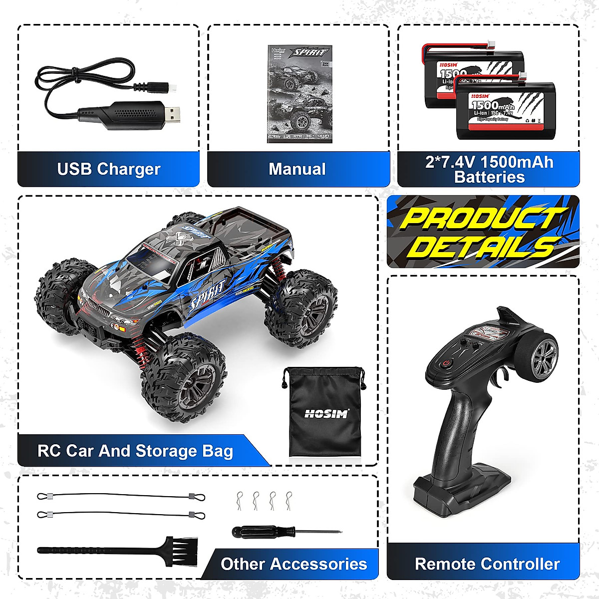 Hosim RC Car 1:16 All Terrain 4WD RC Monster Truck 40+ km/h Buggy Fast Remote Control Racing Cars for Adults and Children (Blue)