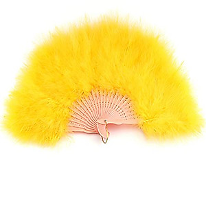 Shekyeon Marabou Feather Fan 20s Vintage Folding Fan Flapper Hand Fan for Costume Dancing Show Home Centerpiece Decor(gold yellow)