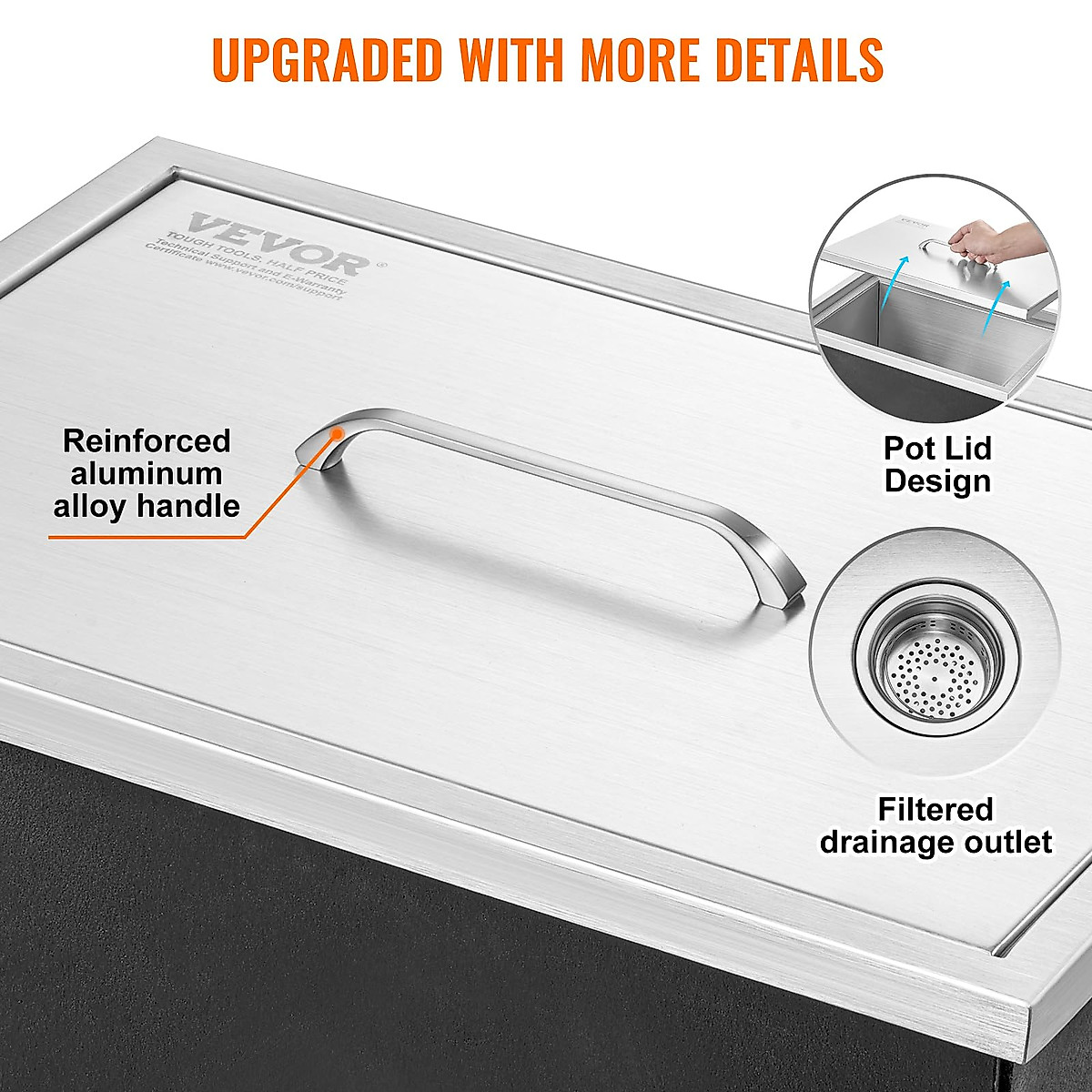 VEVOR Drop in Ice Chest, 20" L x 14" W x 12" H Stainless Steel Ice Cooler, Commercial Ice Bin with Cover, 40 qt Outdoor Kitchen Ice Bar, Drain-Pipe and Drain Plug Included, for Cold Wine Beer