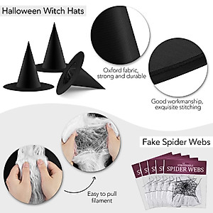 ADXCO 10 Pieces Halloween Black Witch Hat Wizard Hats with 10 Pack Halloween Spider Web Decorations and 109 Yards Hanging Rope for Halloween Party Supplies Halloween Indoor & Outdoor Decorations