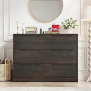 HOSTACK Modern 6 Drawer Dresser for Bedroom, Double Chest of Drawers with Storage, Large Wooden Storage Dresser Organizer with Cut-Out Handle, Accent Storage Cabinet for Living Room, Dark Brown