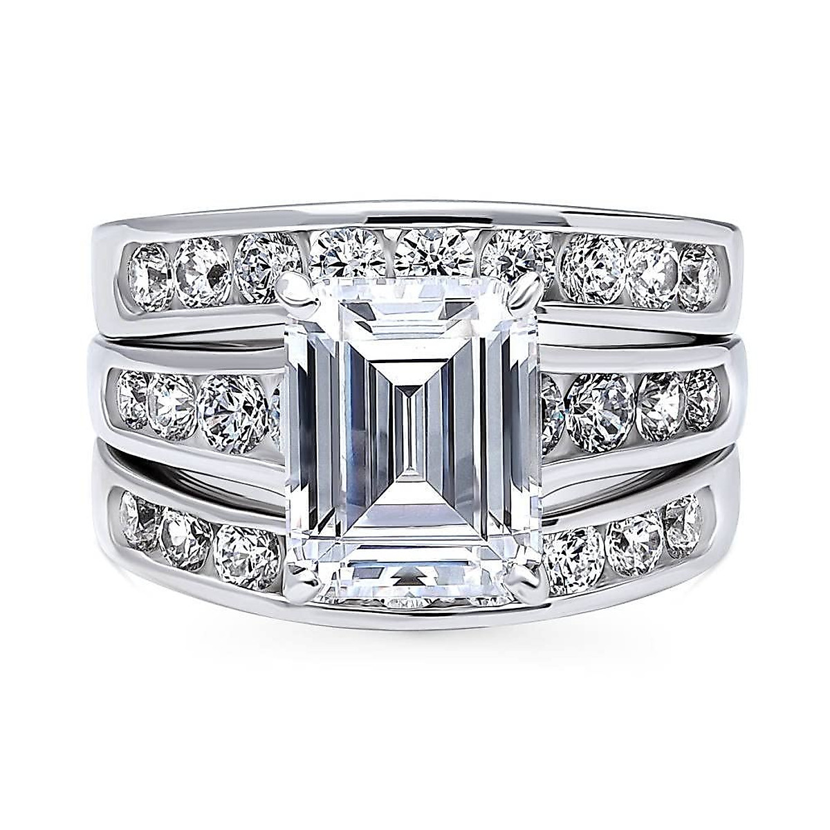 BERRICLE Sterling Silver Solitaire Wedding Engagement Rings 3.8 Carat Emerald Cut Cubic Zirconia CZ Statement Ring Set for Women, Rhodium Plated Size 5