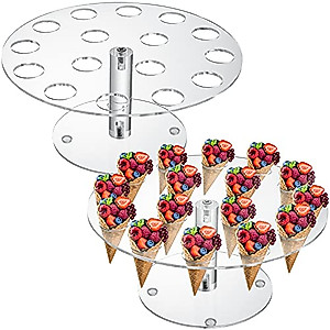 Peohud 2 Pack Ice Cream Cone Holder, 16 Holes Acrylic Ice Cream Cone Display Stand, Clear Waffle Hand Roll Sushi Display Rack for Weddings, Birthday Parties, Anniversaries, Round