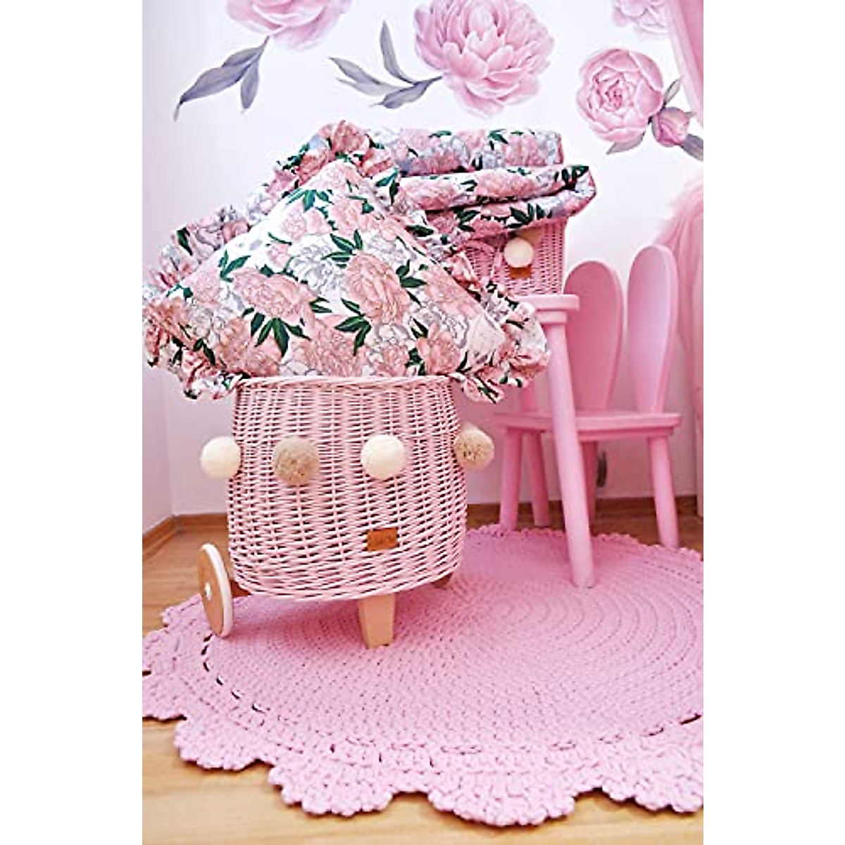 WIKLIBOX Rattan Pully Toy Basket - Handcrafted European Wicker Luggy Toy Storage - Natural, Durable & Stylish Organizer - Perfect for Kids' Rooms, Nurseries & Playrooms | Pink with Pom Poms