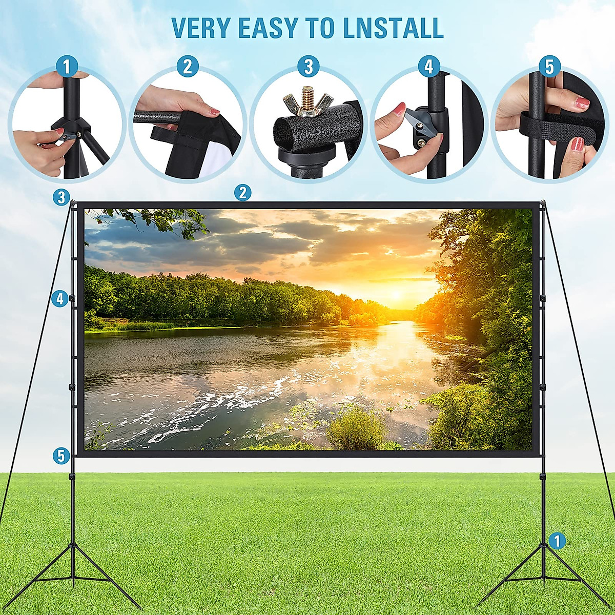Projector Screen and Stand 150 Inch, LEORFI Outdoor Portable Projector Movie Screen Pull Down, Indoor Projections Screen with Stand 16:9 4K Full HD Support Height Adjustable for Home Theater Camping