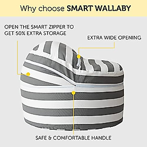 SMART WALLABY 2 Sizes in 1 Stuffed Animal Storage Bean Bag Chair Cover for Kids & Adults | Washable XL Stuffie Seat | 100% Cotton | Pouf Organizer for Plush Toys, Linens, Quilts & Pillows | Royal Grey