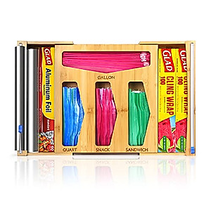 Ziplock Bag Storage Organizer Bamboo - Expandable Foil and Plastic Wrap Dispenser Organizer with Cutter, Plastic Bag Baggie Organizer for Drawer Kitchen, Suitable Gallon, Quart, Sandwich, Snack Bag, and 12.5" Aluminum Foil & Wax Paper (Large)