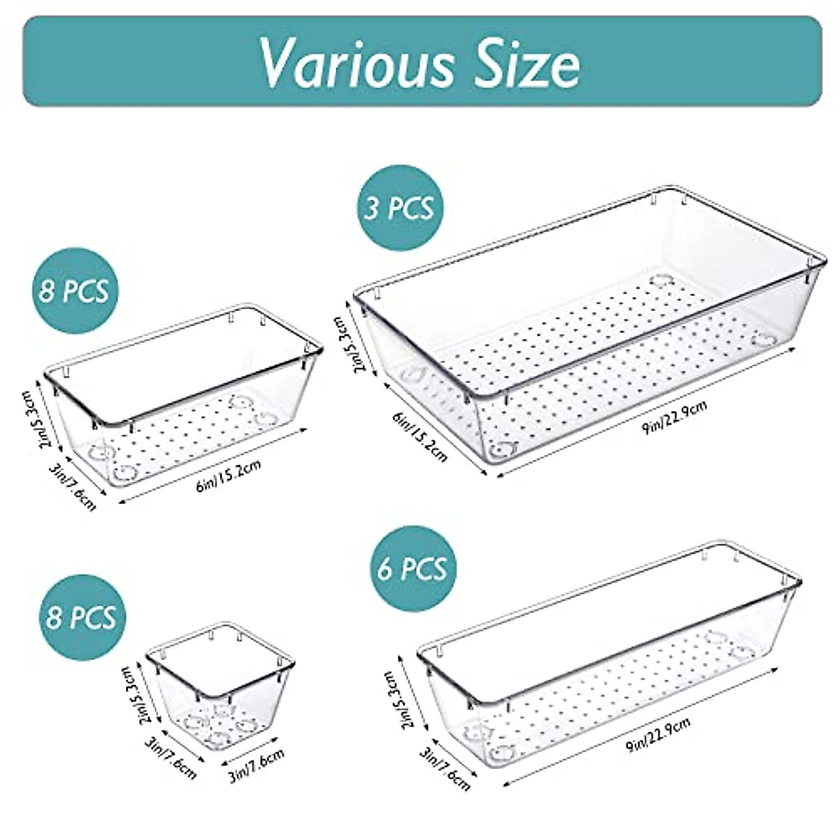 QUEFE 25 PCS Drawer Organizer Set, 4-Size Clear Plastic Drawer Organizers Trays Bathroom Organizers Dresser Storage Bins Separation Box for Makeup, Jewelries, Gadgets, Bathroom, Office, Bedroom