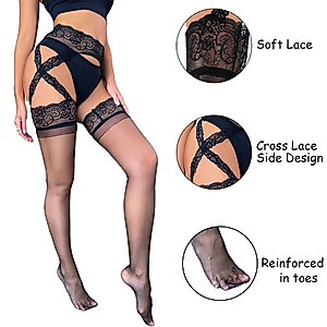 CanB Lace Thigh Highs Garter Stockings High Waist Tights Fishnets Thigh Suspender Pantyhose Stockings for Women (Black)