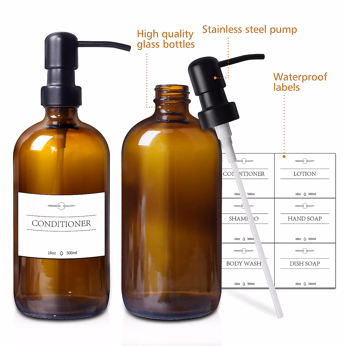 UrSpeedtekLive Bathroom Accessory Set 5 Pcs, 2 Pcs 16oz Amber Glass Soap Dispensers with Stainless Steel Pumps, 2 Pcs Qtip Holder Dispensers with Waterproof Labels & Bamboo Tray