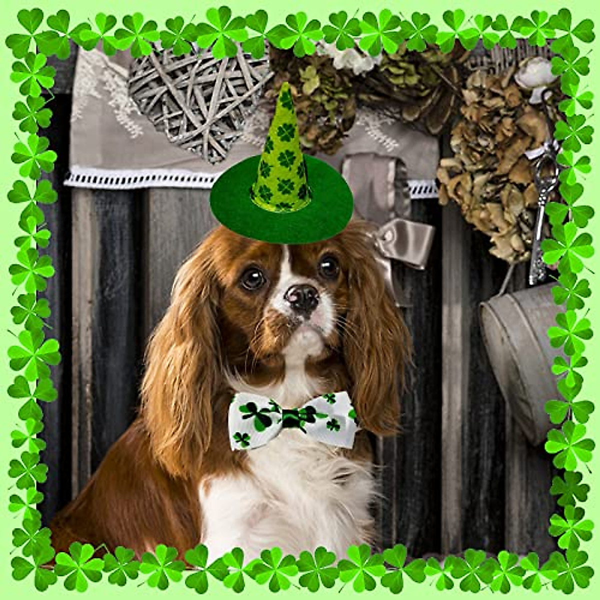 St Patricks Day Dog Costume,St Patrick's Day Cat Dog Hat with Collar,Green Shamrock Cat Dog Hat,St Patricks Day Puppy Outfit Bow Tie,St Patrick Costume for Dogs Puppy Cat Pet Party Dress-up Cosplay