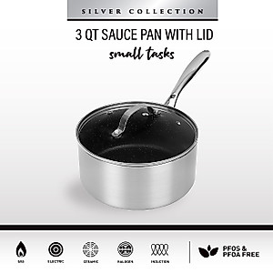 Granitestone Nonstick 3 Quart Saucepan with Glass Lid, Small Pot with Lid-Ultra Durable Coating with Brushed Exterior Silver-100% PFOA Free-Dishwasher & Oven Safe