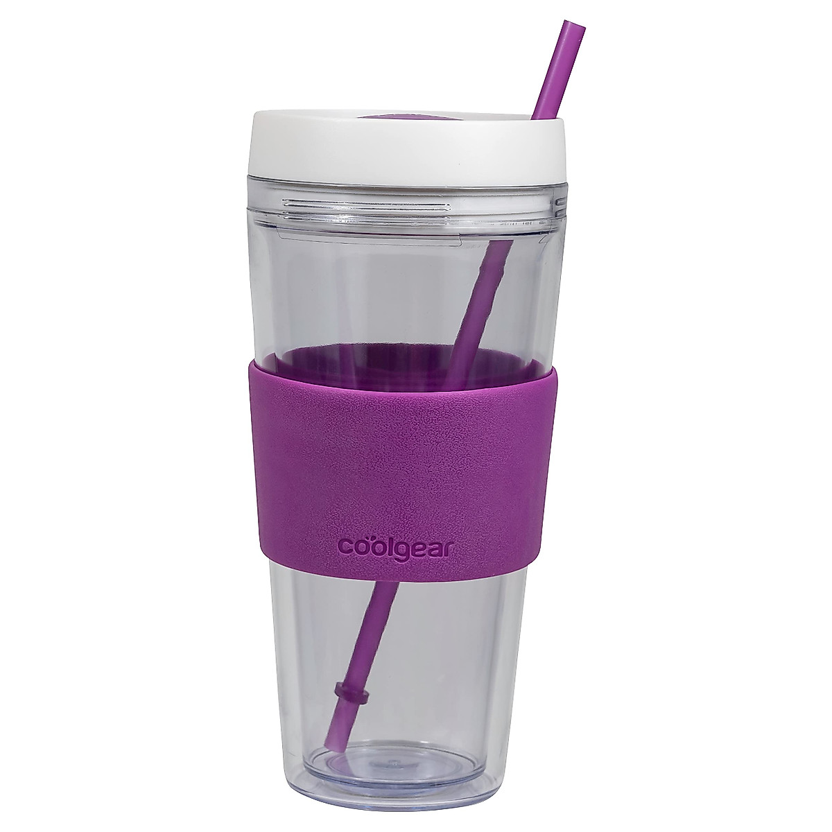 COOL GEAR 4 Pack 24 oz Callisto Clear Chiller with Straw and Band | Dual Function Closure Colored Re-Usable Tumbler Water Bottle - Teal/Purple/Pink/Blue