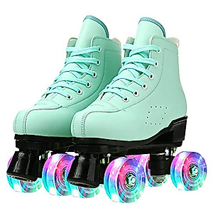 XUDREZ Roller Skates Candy Color PU Leather Shoes Double-Row Design Latest Version Flashing Pattern Roller Skates for Women and Men (Green-Flashing Wheels,42=US:Men:8-Women:9.5)