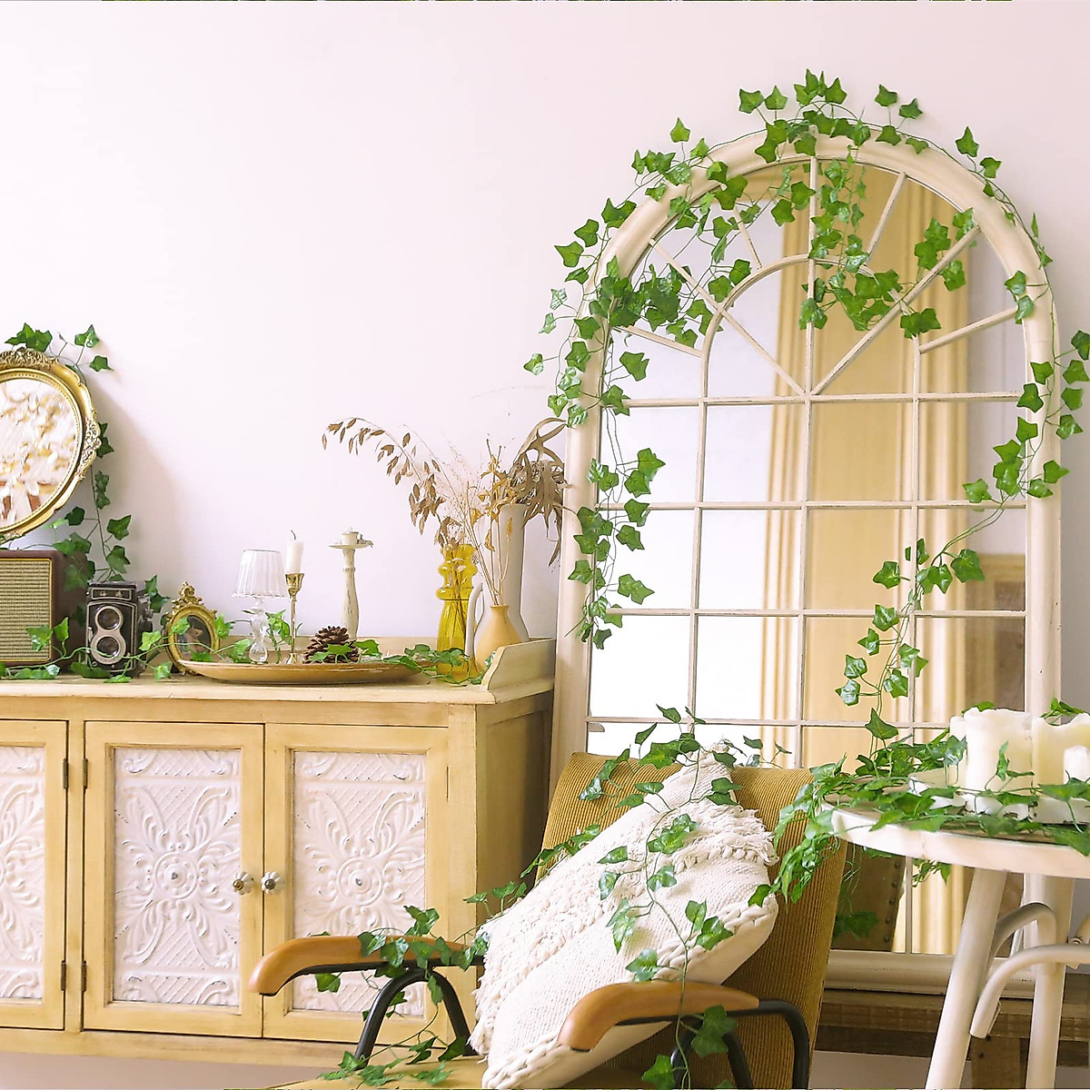 kovdim Artificial Ivy Vines Leaves 12 Strands (84 Ft), Ivy Garland Fake Vines Plants Hanging for Bedoom Room Wall Weeding Party Decor, Green