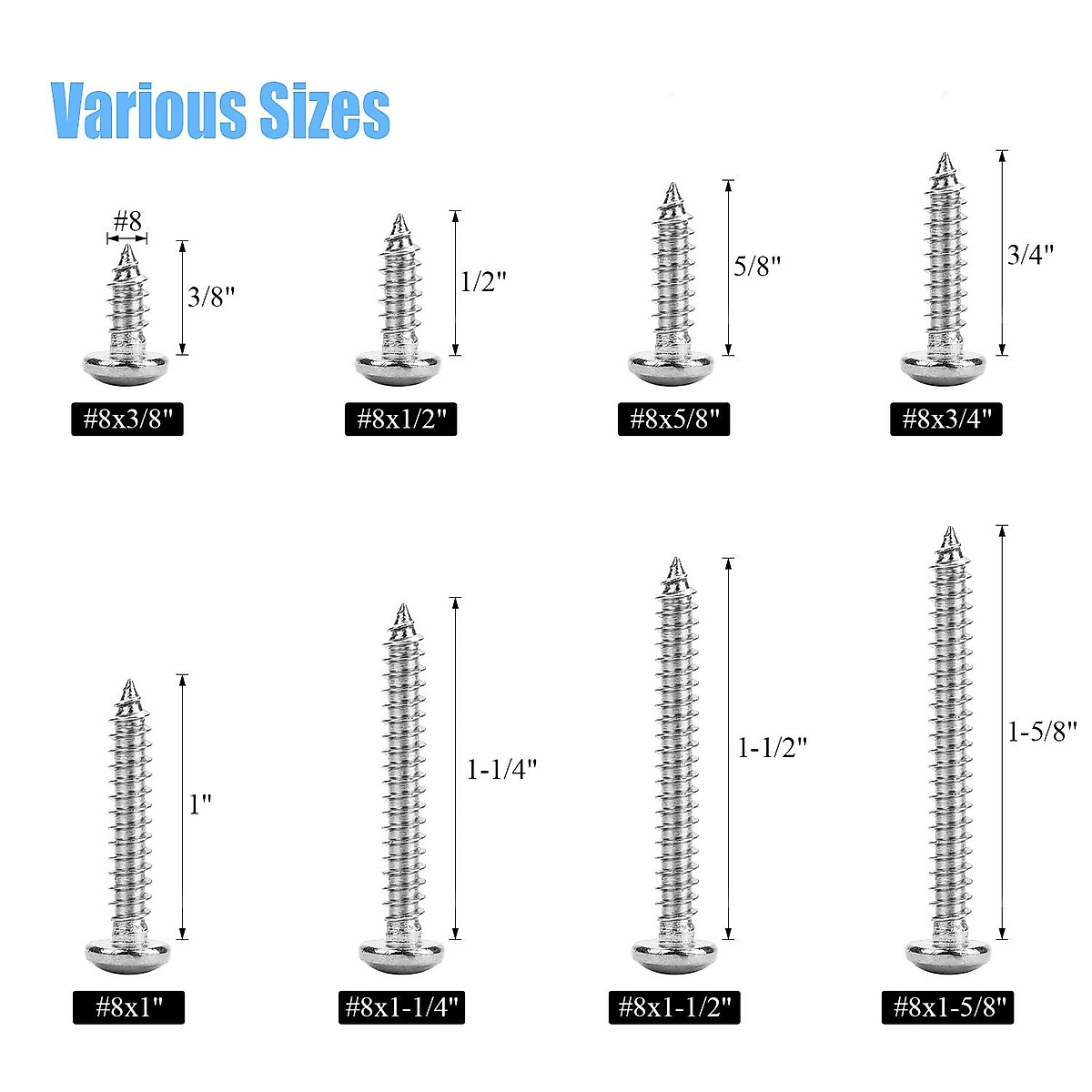 DYWISHKEY 200 Pieces #8 x 3/8", 1/2", 5/8", 3/4", 1", 1-1/4", 1-1/2", 1-5/8" Stainless Steel 304 Phillips Pan Head Self-Tapping Screws, Wood Screws Assortment Kit