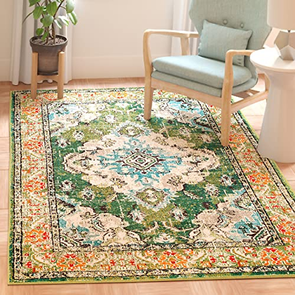 SAFAVIEH Monaco Collection 6'7" x 9'2" Forest Green/Light Blue MNC243F Boho Chic Medallion Distressed Non-Shedding Living Room Bedroom Dining Home Office Area Rug