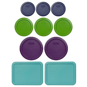 Pyrex Bundle - 10 Items: (3) 7202-PC Dark Blue Lids & (3) 7200-PC lawn green lids & (2) 7201-PC Purple Lids & (2) 7210-PC Turquoise Lids Made in the USA