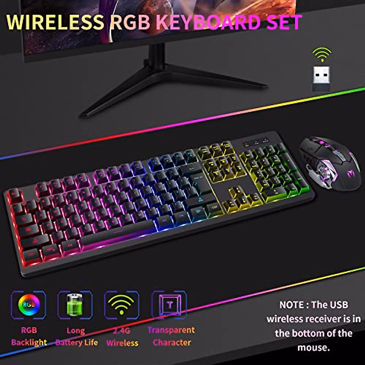 Wireless RGB Gaming Keyboard and Mouse - Rechargeable RGB Backlit Keyboard Mouse Long Battery Life,Mechanical Feel Gaming Keyboard with 7 Color Wireless Gaming Mouse for PC Game and Work