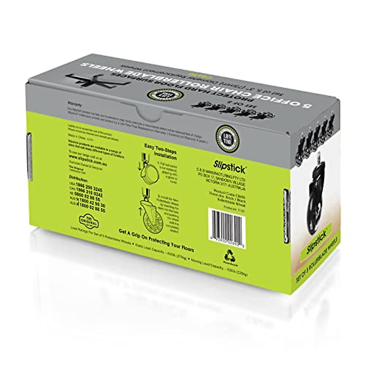 Slipstick CB690 Floor Protecting Rubber Office Chair Caster Wheels (Set ff 5), Roller Style, Universal 7/16" Stem, 3" Black Castors