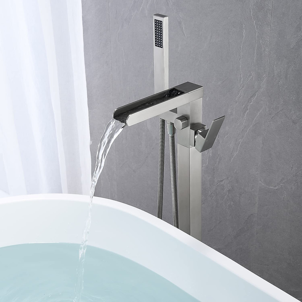 Wowkk Freestanding Bathtub Faucet Waterfall Tub Filler Brushed Nickel Floor Mount Brass Single Handle Bathroom Faucets with Hand Shower