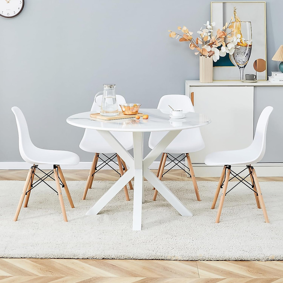 42" Round Dining Table for 4, White Tulip Table,Mid-Century Modern Circle Table with Faux Printed Marble Top and Metal Cross Legs for Home and Kitchen Small Space
