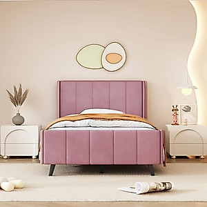 HBRR Twin Size Bed Frame Velvet Upholstered Platform Bed with Headboard and Strong Wooden Slats, Mattress Foundation, No Box Spring Needed, Easy Assembly, Pink
