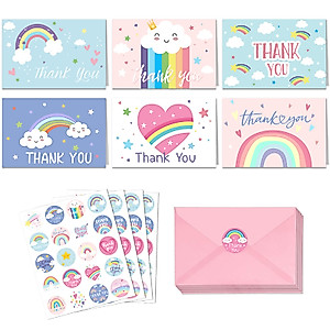 24 Pcs Rainbow Thank You Cards with Envelopes and Stickers, Baby Shower Thank You Notes Birthday Party Favors Christmas Wedding Supplies